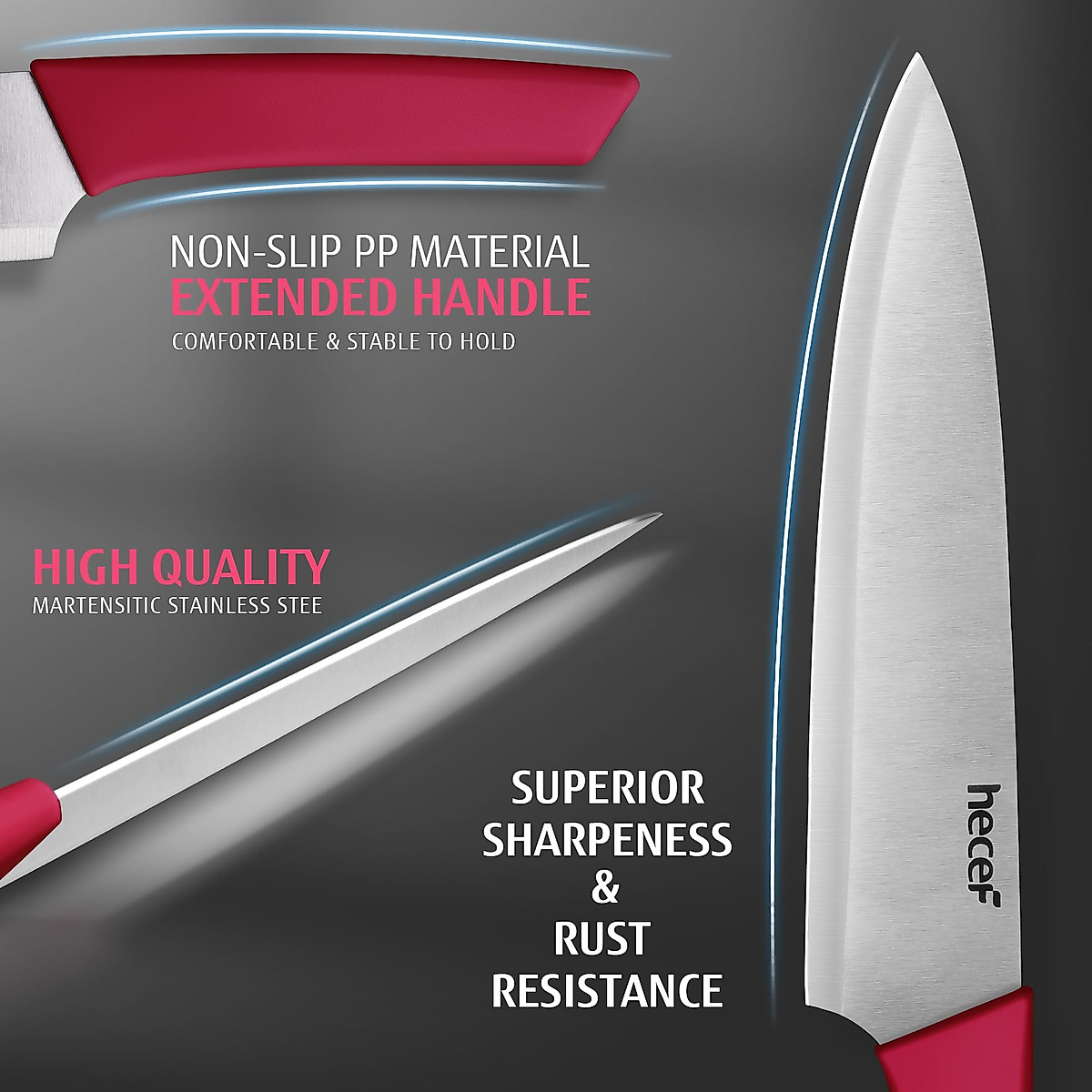 hecef Kitchen Knife Block Set, 12 Pieces Knife Set with Wooden Block & Steak Knives Set, Lightweight and Strong High Carbon Stainless Steel Cutlery Set, Extended Handle Design