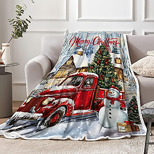 Merry Christmas Blanket, Vintage Red Truck Xmas Tree Winter Snow Snowman Rustic Retro Farmhouse Throw Blanket, for Kids Lightweight Soft Plush Blankets Couch Sofa Bed Blanket 50"X60"in