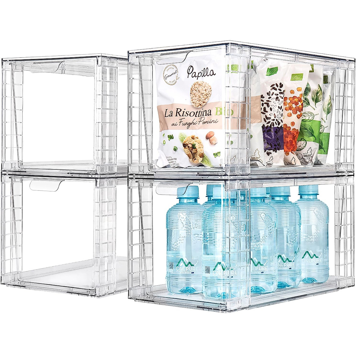 4Pack Large Stackable Kitchen Storage Drawers, Clear Foods Organizer Bins with Handles, Easily Assemble for Bathroom, Kitchen, Pantry, Cabinet, Closet(XL-UP Handle)