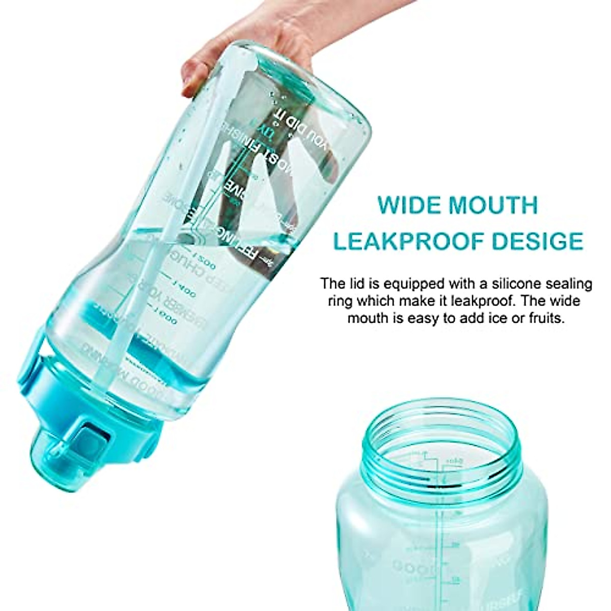 EYQ 64oz Leakproof Free Drinking Water Bottle with Motivational Time Marker BPA Free for Fitness, Gym and Outdoor Sports (Mint Green)
