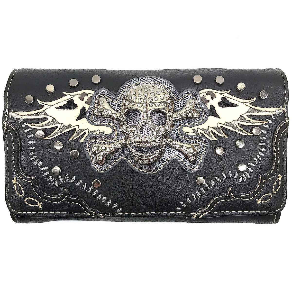 Justin West Skull Crossbones Angel Wings Bling Concealed Carry Handbag Purse Trifold Crossbody Wallet (Black Wallet)