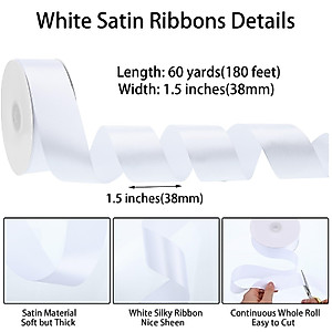 White Ribbon, 60 Yards 1-1/2 inch White Satin Ribbon for Gift Wrapping Flower Bouquet Bow Making Wedding Party Christmas Stocking Stuffers Decorations