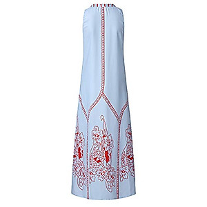 Womens Sundress Long Women Vintage Daily Casual Sleeveless Cotton-Blend Printed Floral Daily Wear Dresses for Women Blue