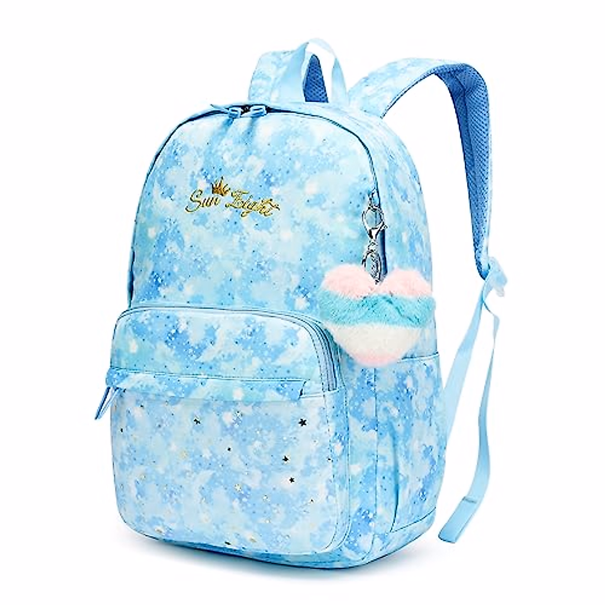 Otbjmbx Kid Backpack for Girls, Elementary Primary Kindergarten Preschool Large Capacity School Bookbag for Teens with Heart Keychain, Suitable for 6-15 Years Old (Tie Dye Blue)