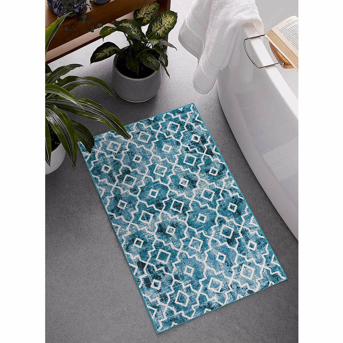 Wonnitar Moroccan Washable Area Rug - Small 2x3 Teal Distressed Entryway Rug Doormat Modern Geometric Non-Slip Throw Rug Faux Wool Floor Carpet for Bathroom Laundry Indoor Office (Teal,2'x3')