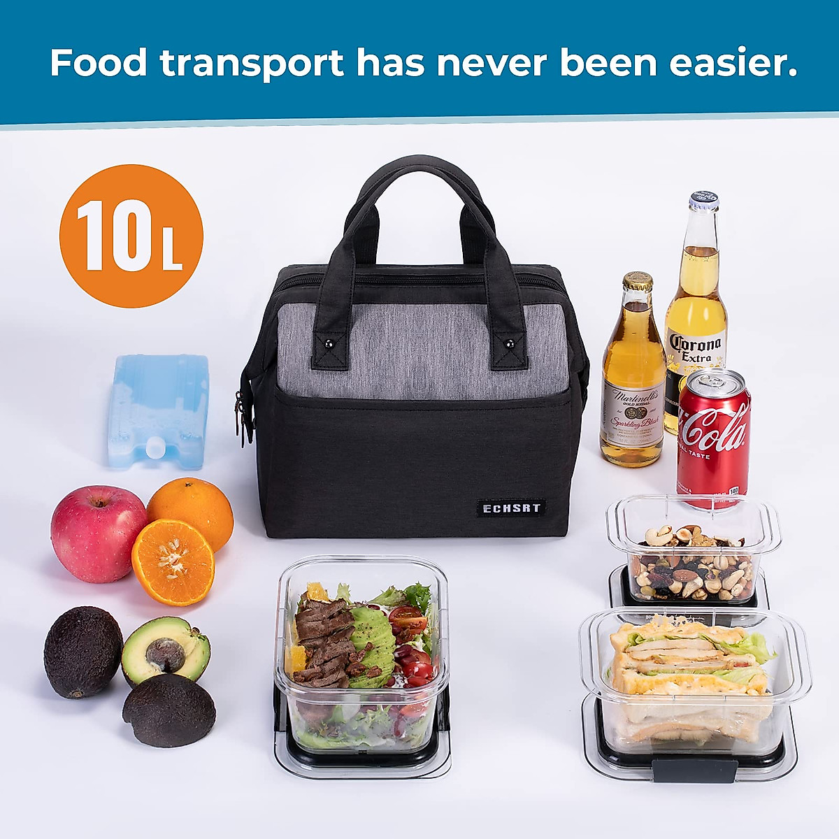 ECHSRT Large Insulated Lunch Tote Bag 10L Lunchbox Large Pencil Case Durable Pen Pouch with Handle 2pack Black & Red