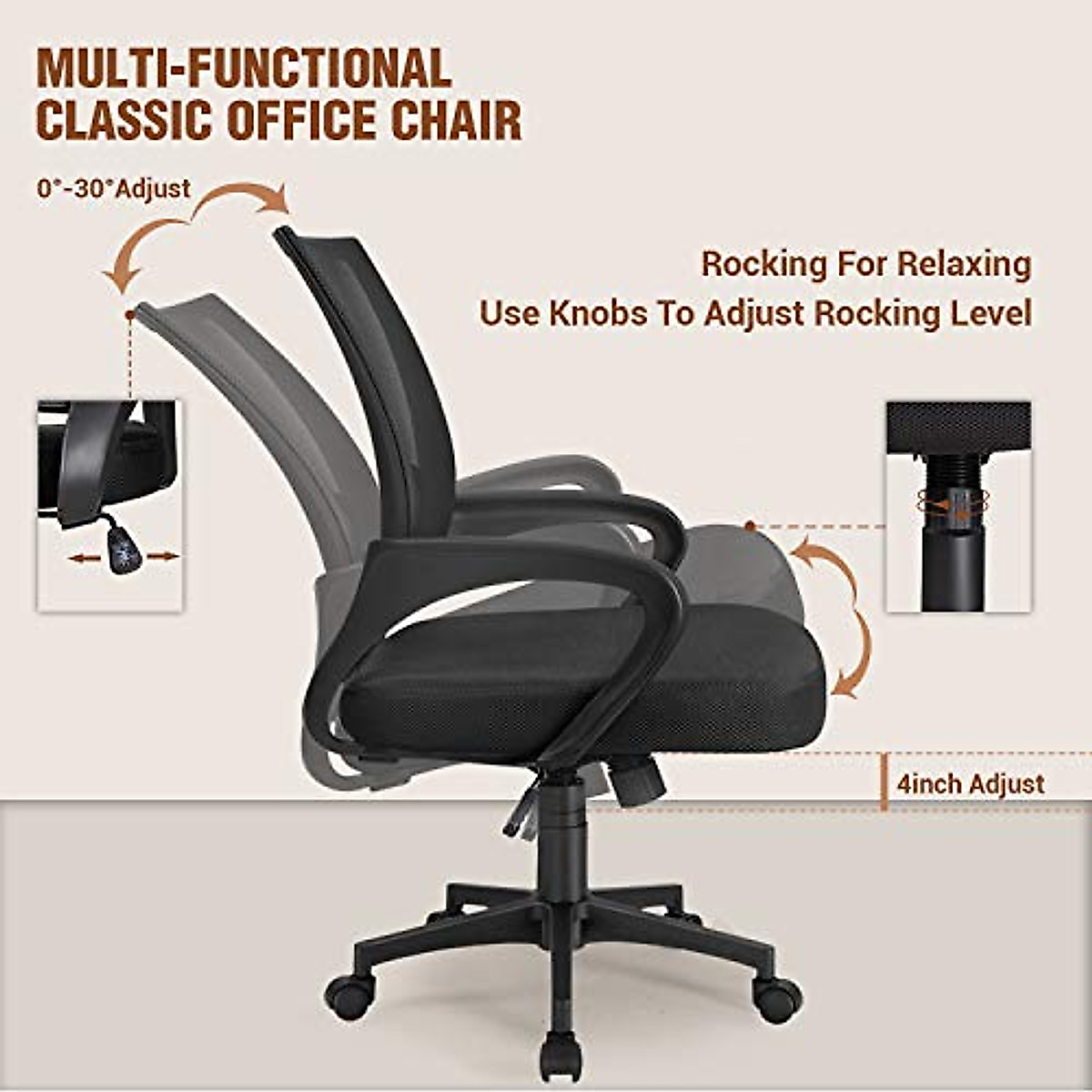 Furmax Office Chair Ergonomic Desk Chair Mesh Computer Chair, Mid Back Swivel Task Chair Executive Chair with Lumbar Support and Armrests (Black)