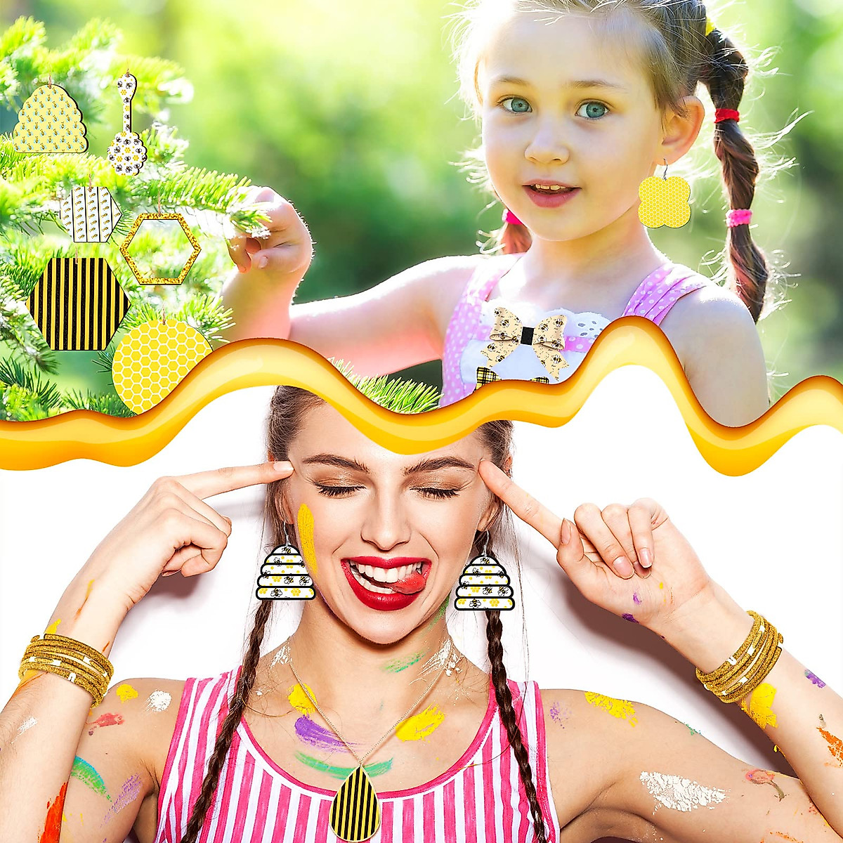 14 Pcs Faux Leather Sheets Summer Fruit Lemon Bee Printed Synthetic Leather Sheet Glitter Faux Leather Fabric Sheet for Earrings Headbands Making, 8.3 x 6.3 Inch(Bee)