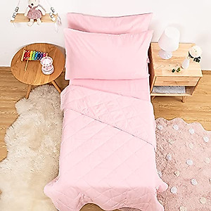 TILLYOU 5-Piece Solid Toddler Bedding Set for Boys or Girls, Bed-in-a-Bag Microfiber Comforter Set, Includes 1 Top Flat Sheet, 1 Mattress Sheets, 1 Padded Quilt and 2 Envelope Pillowcases, Pink