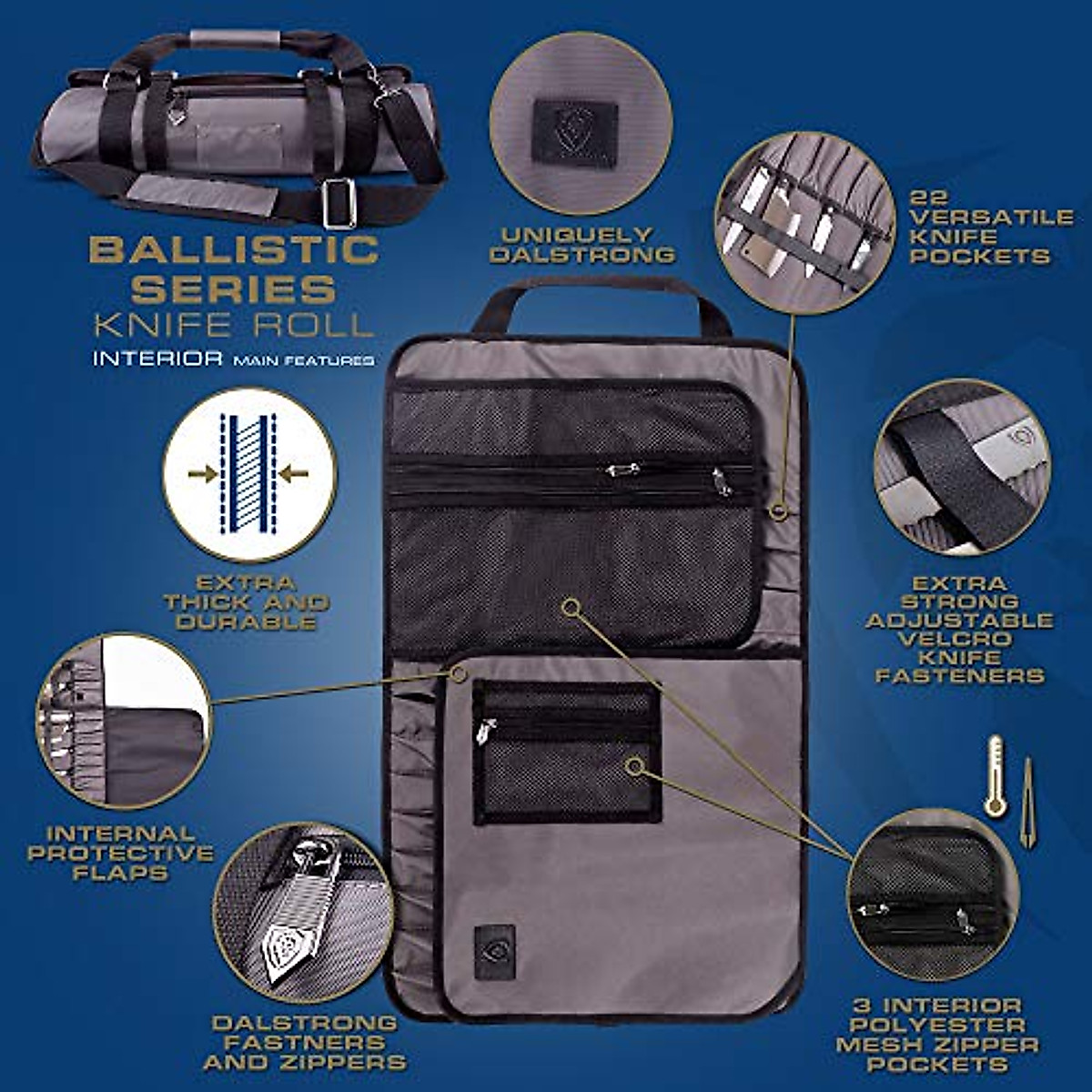 Dalstrong Ballistic Series Knife Roll - Graphite Black - Premium Ballistic Nylon & Top Grain Leather Roll Bag - 22 Knife Slots - Interior and Rear Zippered Pockets - Blade Travel Storage/Case