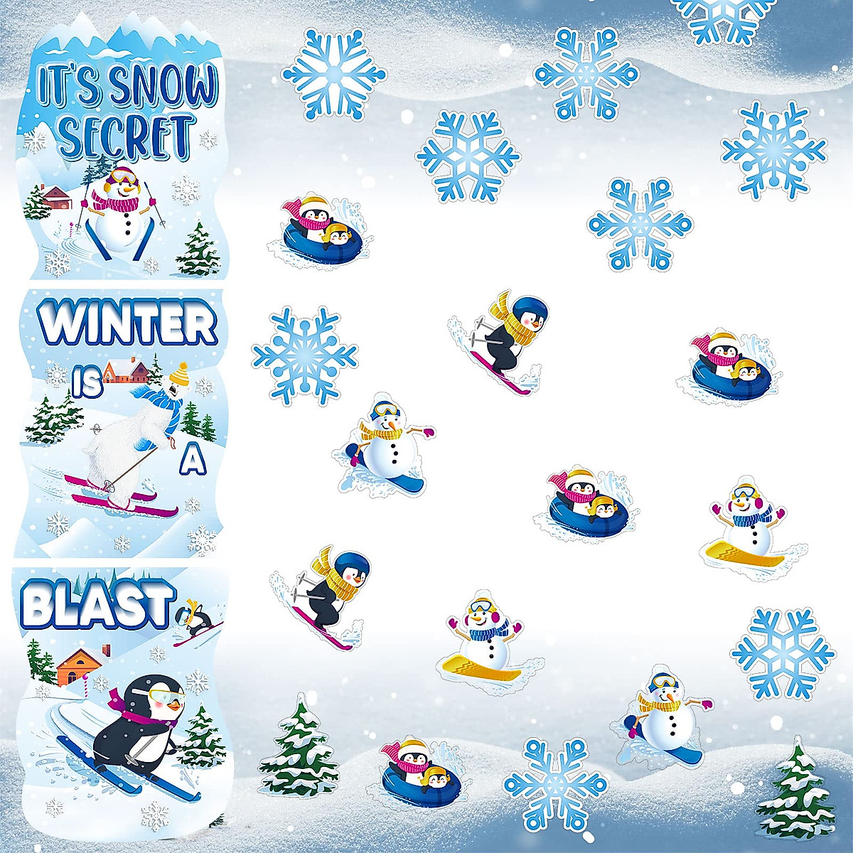 39 Pieces Winter Wonderland Mini Bulletin Board Decor Set Snowman Paper Cut Outs Snowflake Cutouts Penguin Accents Winter Header and Scenes for Classroom Decor School Christmas Winter Party Supplies