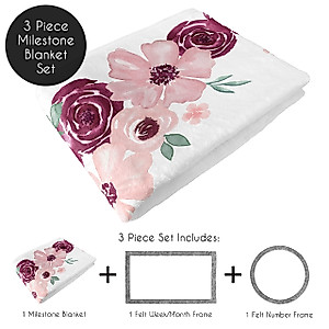 Sweet Jojo Designs Burgundy Pink Watercolor Floral Girl Milestone Blanket Monthly Newborn First Year Growth Mat Baby Shower Memory Keepsake - Blush Maroon Wine Rose Green Shabby Chic Flower Farmhouse