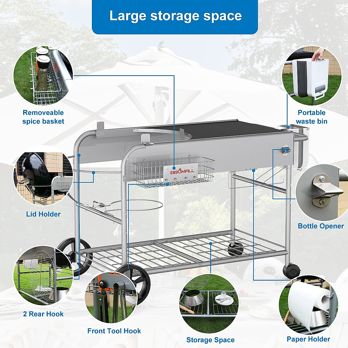Grill Table for Weber 22" &18" Original Kettle, for Weber Grill Table, Stand Cart for JumboJoe Master-Touch Charcoal Outdoor Prep Performer Charcoal Accessories for Outside