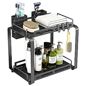 junyuan Large Bathroom Organizer Countertop,2 Tiered Bathroom Organizer Shelves with Toothbrush Holders,Bathroom Counter Storage Rack with Basket and Hooks Metal Black