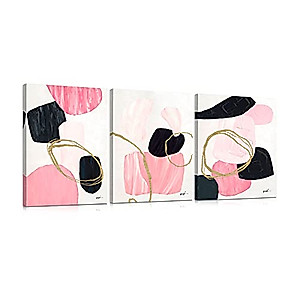 B BLINGBLING 3 Framed Pink Wall Decor: Blush Pink and Black Room Decor Black Pink Gray Gold White Abstract Canvas Art for Girls Bedroom Bathroom Office Living Room Home Decorations 12"x16"x3 Panels