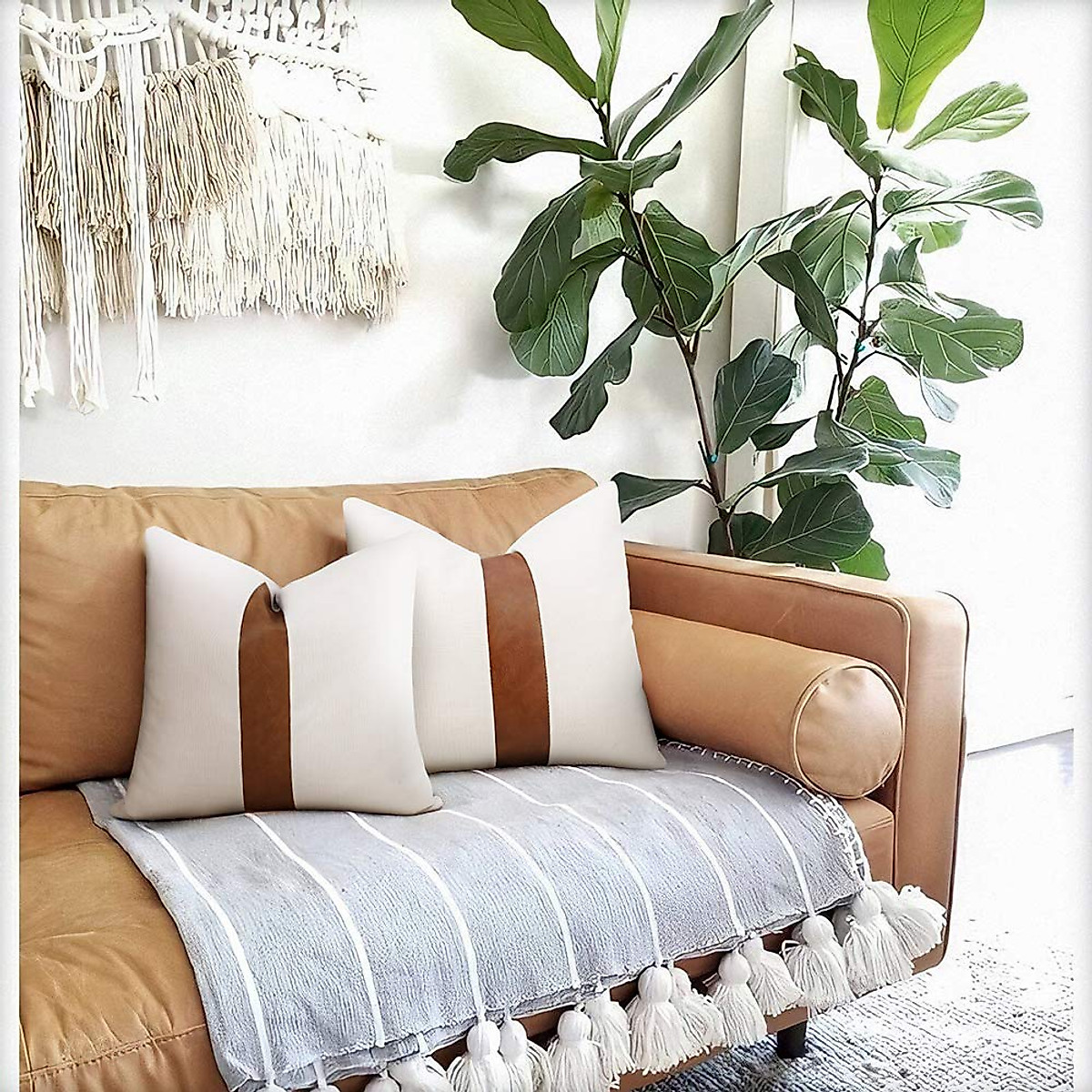 cygnus Set of 2 White Linen Patchwork Faux leather Throw Pillow Covers for Couch Living Room Bedroom, Modern Accent Decorative Square Cushion Covers 20x20 inch (White, 20x20 inch)