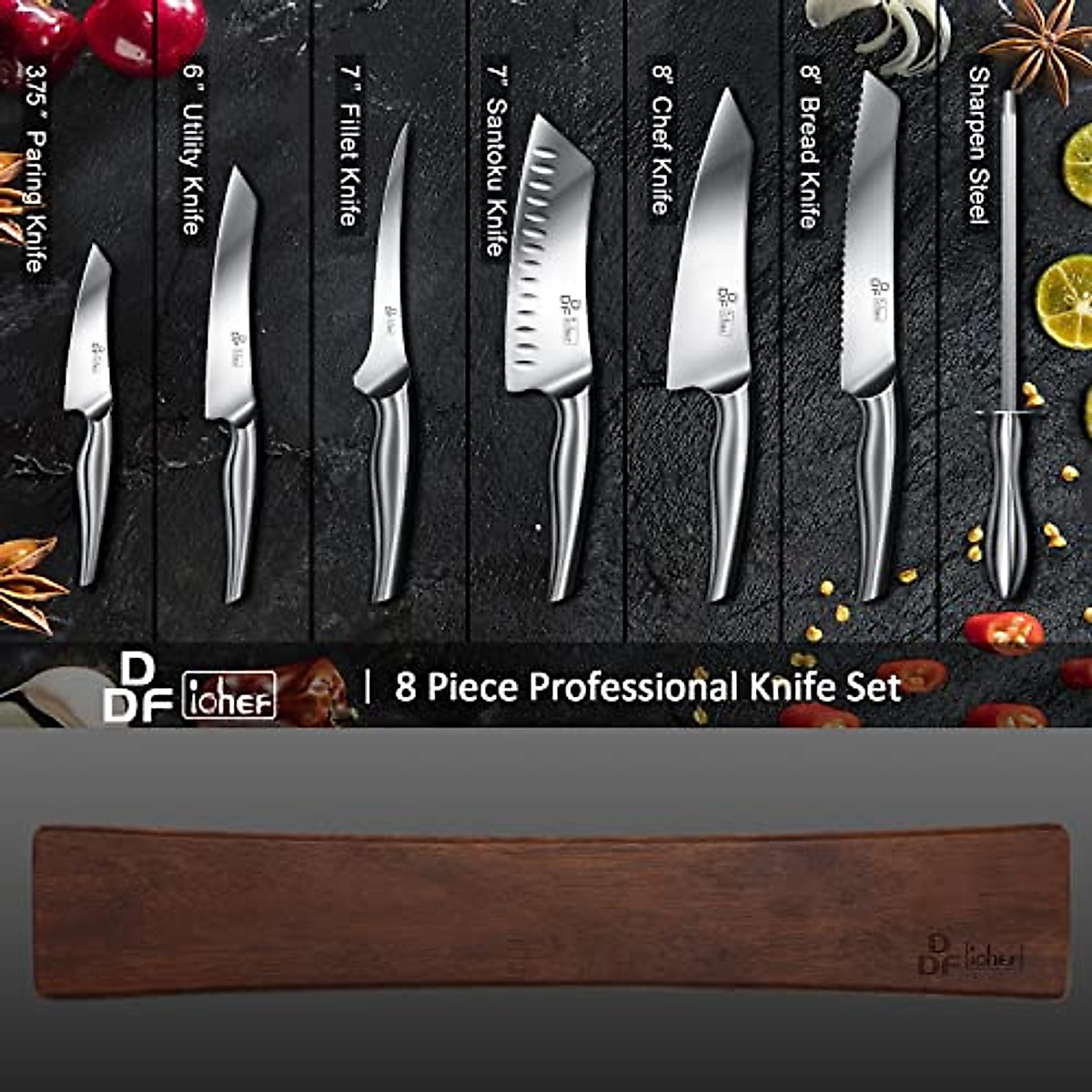 DDF iohEF Knife Set with Knife Strip, 8 Piece Professional Kitchen Knife Set, German High Carbon Stainless Steel Chef Knives Set with Magnetic Knife Holder for Wall