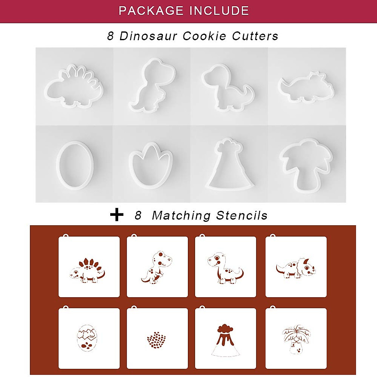 Dinosaur Cookie Cutters with Matching Cookie Stencils -Set of 16-8Pcs Cookie Cutter and 8Pcs Stencils, Include Stegosaurus, T-Rex, Brontosaurus, Triceratops, Dinosaur Egg, Footprint, Volcano and Tree