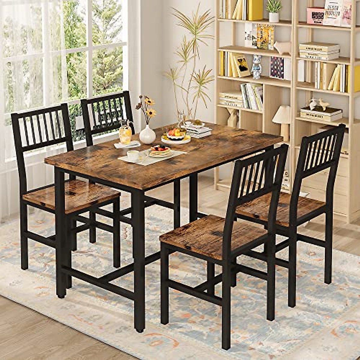 Lamerge Kitchen Table Set for 4, Industrial 43.3" Dining Table and Chairs Set with Metal Frame, 5 Piece Space Saving Dining Table Set, Ideal for Kitchen Dining Room Home & Office