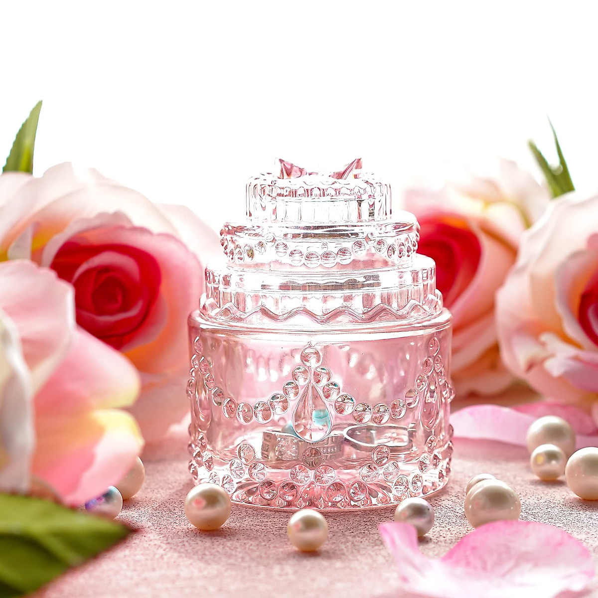 Glass Candy Dishes Decorative,Pink Cake Shaped Crystal Candy Jar with Lids,Candy Bowl with Lid, Candy Storage Food Container Jar,Candy Cookie Dish for Office Desk Wedding(2.3 Inch)