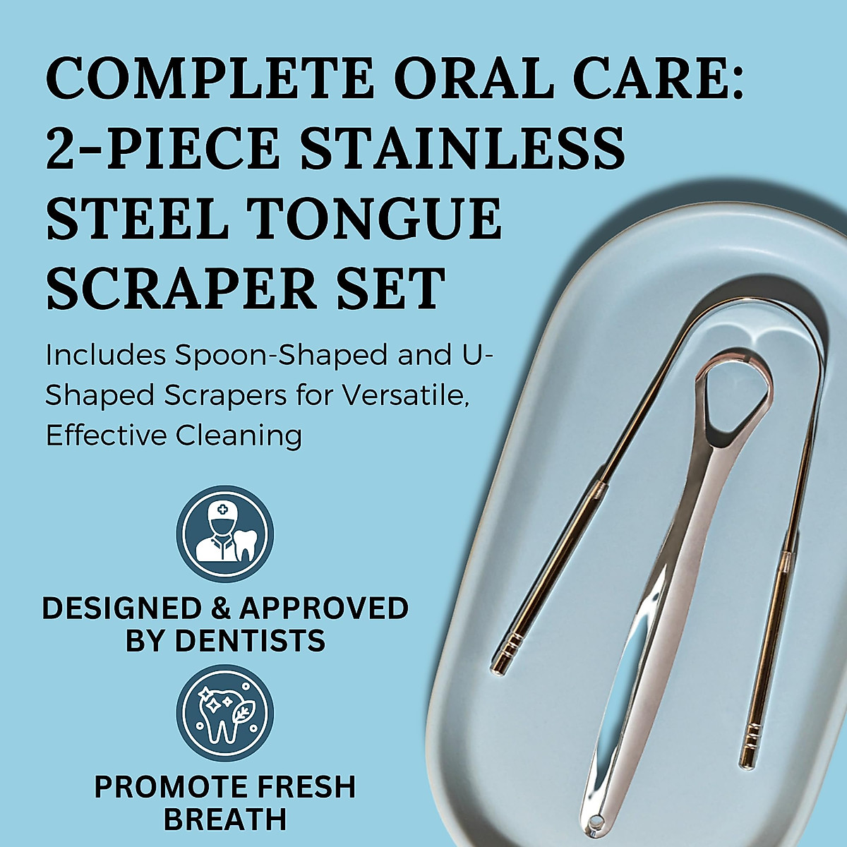 DOSMETICS - Tongue Scraper Variety Pack 100% Medical Grade Stainless Steel Spoon and U shaped Tongue Scrapers for Adult and Kids, Easy To Use, For Oral Care & Hygiene