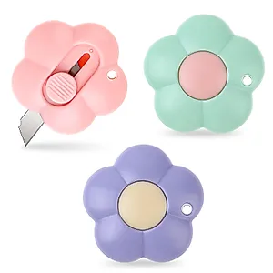 Cute Retractable Box Cutters Flower Shaped Mini Box Cutters Utility Knives Art Cutter Package Opener Tool for Office, Home, DIY Crafts (Purple&Green&Pink)