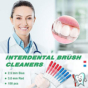 150 Pieces Interdental Brush Toothpick Tooth Flossing Head Oral Interdental Brush Flosser Toothpick Cleaners Tooth Cleaning Tool (Red, Blue,0.1 Inch, 0.12 Inch)
