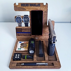 Custom Wood Phone Docking Station Personalized Gifts for Men Boyfriend Husband Son Dad as Anniversary Birthday Nightstand with Key Holder Gun Holder Wallet Stand and Watch Organizer