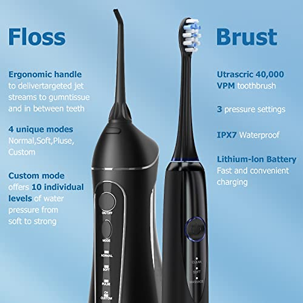 Electric Toothbrush with Water Dental Flosser, 4H Charge 30 Days Use, 4 Modes Cordless Dental Flosser Picks, 3 Modes Sonic Electric Toothbrush, 4 Brush Heads and 4 Water Jet Tips