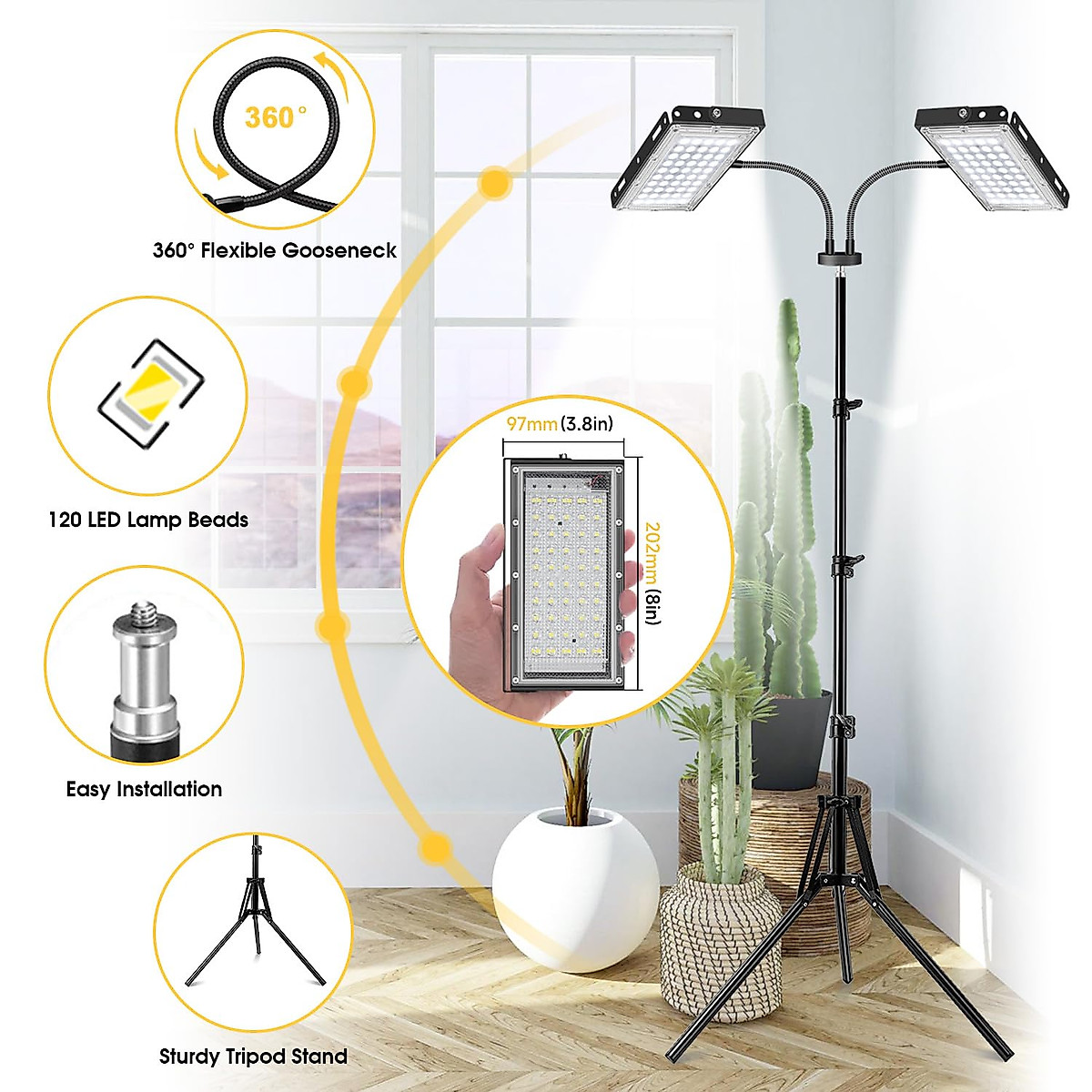 Gilouppe Grow Lights for Indoor Plants, 120 LEDs 6000K Full Spectrum Growing Lamp with Adjustable Tripod Stand 16-63", Dual Heads Plant Light for Indoor Plants with Auto On/Off Timer, 3 Switch Modes