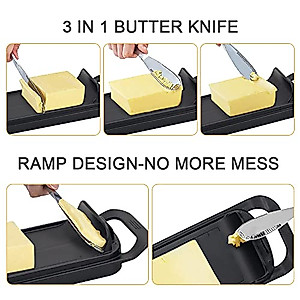 Butter Dish with Lid and Stainless Steel Knife, Light Butter Keeper, TBSP Cutting Measuring Lines Dishes, Easy Scoop, No Mess Lids, Perfect for East West Coast Butter (Black)