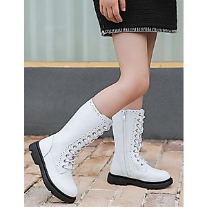 DADAWEN Boys Girls Leather Lace-Up Waterproof Side Zipper Mid Calf Combat Riding Winter Boots (Toddler/Little Kid/Big Kid) White US Size 2 M Little Kid