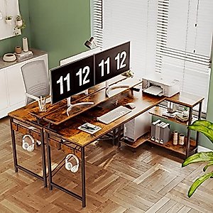 ODK Small L Shaped Desk, 66 inch Corner Desk with Reversible Storage Shelves, Computer Desk with Monitor Shelf and PC Stand for Home Office, Gaming Desk with Headphone Hooks, Rustic Brown