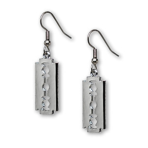 Gothic Razor Blade Dangle Earrings Polished Silver Finish Pewter
