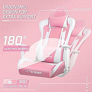 PUKAMI Pink Cute Kawaii Gaming Chair for Girl Ergonomic Desk Racing Office Chair Adjustable High Back Game Chair Swivel Leather Chair with Lumbar Support and Headrest