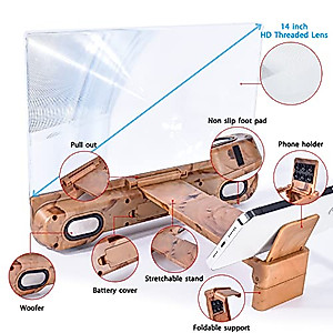 14 inch Phone Screen Magnifier with Bluetooth Speaker,Mobile Phone Screen Amplifier with 2-in-1 Foldable Stretch Stand Holder Portable 3D Screen Magnifying Glass for All Smartphones(Wood Grain)