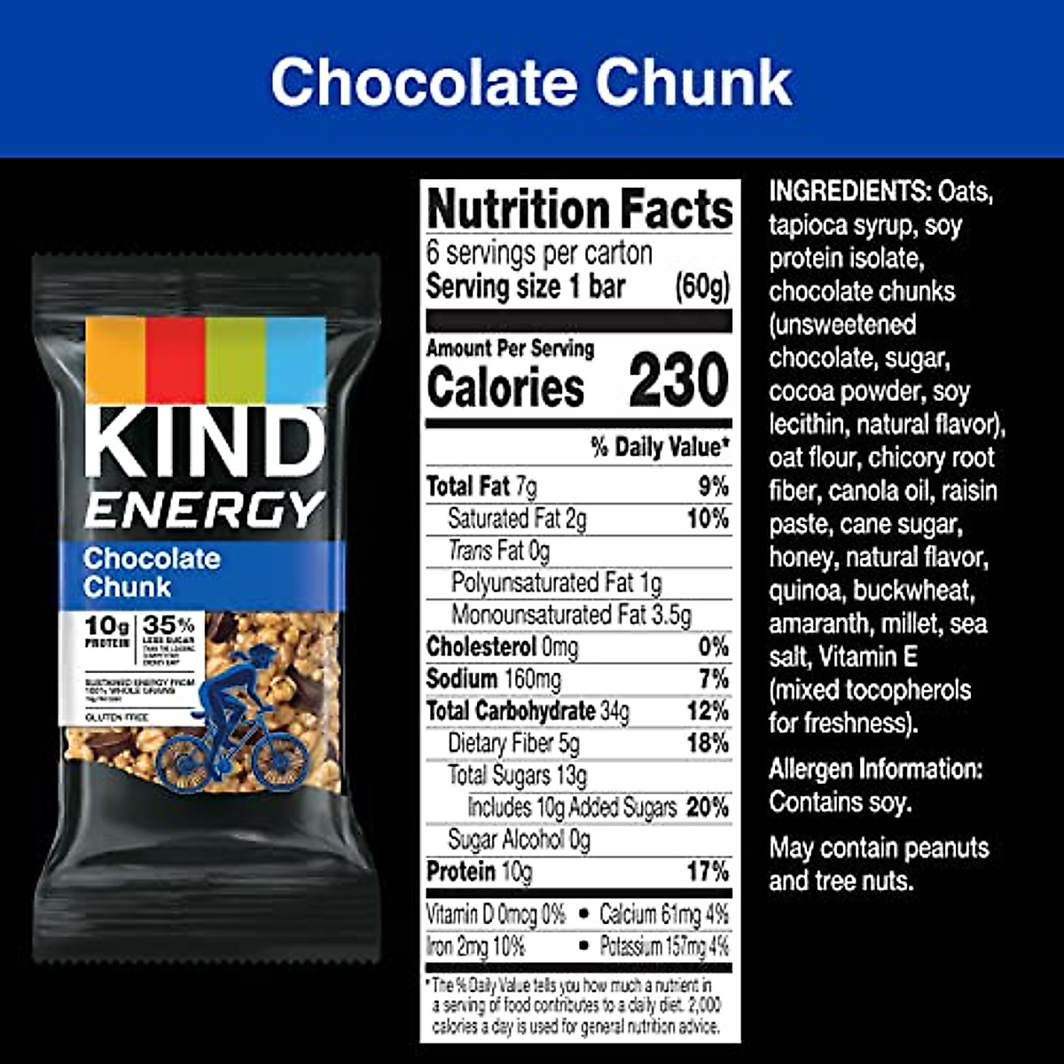 KIND Energy Bars, Chocolate Chunk, Healthy Snacks, Gluten Free, 30 Count