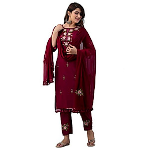 JG Women's Ethnic Wear Collection Rayon Straight Embridered Kurti & Pant Set With Dupatta Readymade Salwar Suit For Women Casual Wear(Maroon-X-Large Size)