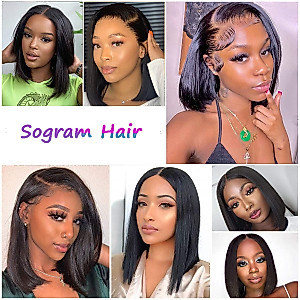 Sogram Bob Wig Human Hair Straight 12 Inch 13x4 Lace Front Wigs Human Hair 180% Density Pre Plucked with Baby Hair Short Bob Transparent Lace Frontal Wigs for Black Women