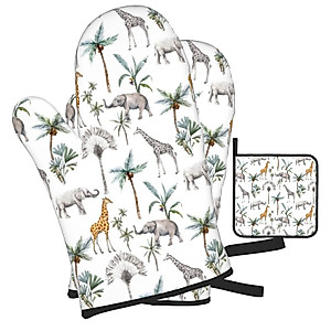 Elephant Giraffe Oven Mitts and Pot Holders Heat Resistant Anti Scald for Kitchen Cooking Baking Grilling Sets of 3