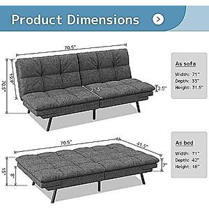 wOod-it Futon Sofa Bed, Memory Foam Foldable Couch Convertible Loveseat Sleeper Daybed with Adjustable Armrests for Small Space, Compact Living Room, Studio, Office, Apartment (Dark Gray)