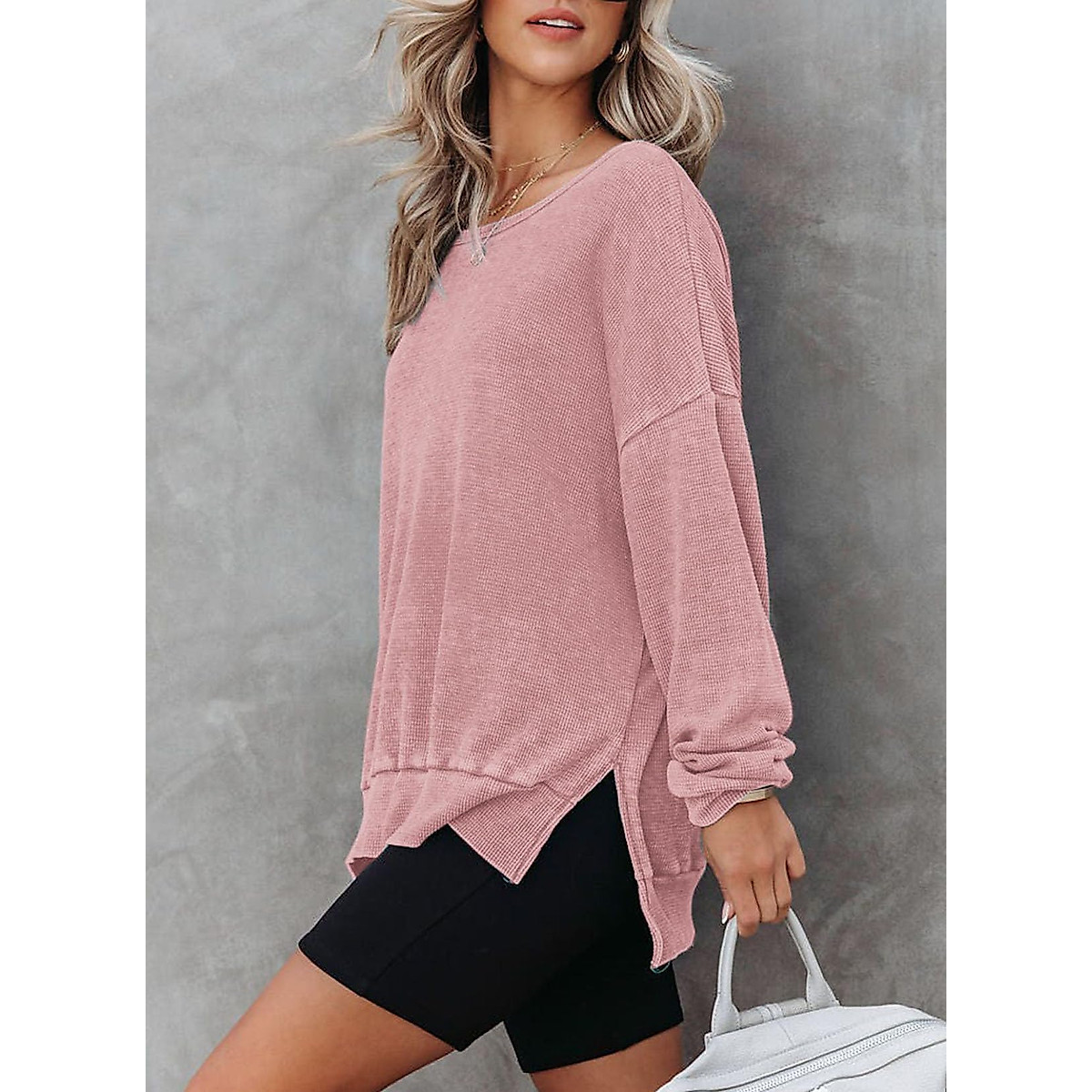 Dokotoo Womens Waffle Knit Oversized Crewneck Sweatshirt for Women Trendy Side Split Long Sleeve Pullover High Low Slouchy Fit Casual Cute Sweatshirts Tops Fall Outfits Clothes 2024 Pink Medium