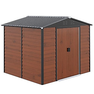 Outsunny 8' x 7' Outdoor Storage Shed, Garden Tool Metal Shed with Foundation Kit, Double Lockable Door, Air Vents and Sloping Roof, for Backyard, Patio, Lawn, Teak