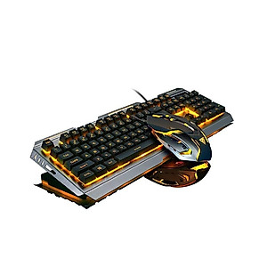 White Gaming Keyboard Mouse Combo,Membrane Keyboard RGB Color Changing Lighted Keyboard,PC Keyboard Computer Backlight USB Keyboard,Wired Gaming Keyboard,Gold Metal Frame,for Xbox One PS4 Game Gamer