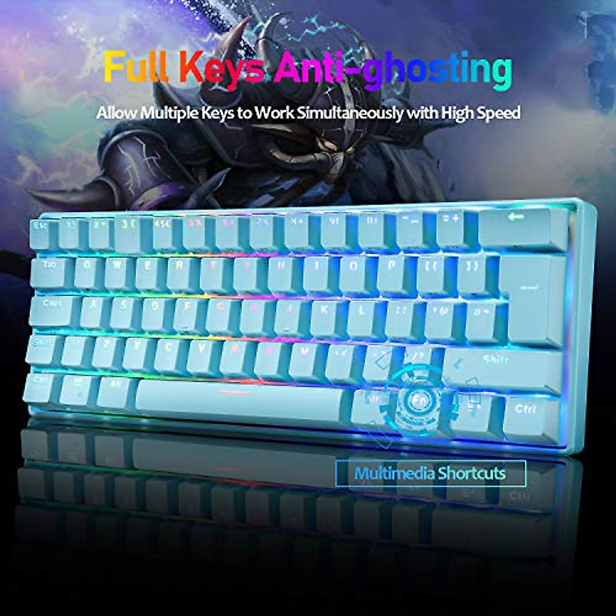 ZIYOU LANG MK21 Portable 60% Mechanical Gaming Keyboard Untra-Compact Type-c Wired with Light Up Chroma LED Backlit Non-Conflict 61 Key TKL Ergonomic for PS4 PS5 PC Mac Windows(Blue/Blue Switch)