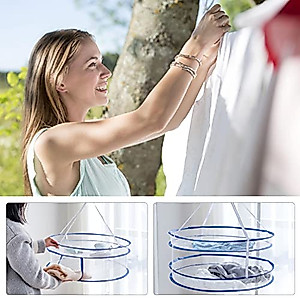 Healifty 1pc Hanging Mesh Dryer Gauze Steel Wire Round Shaped Windproof Detachable Double- Layer Foldable Clothes Drying Net Steel Ring Design Flat Clothes Drying Net for Underwear Lingerie (Blue)