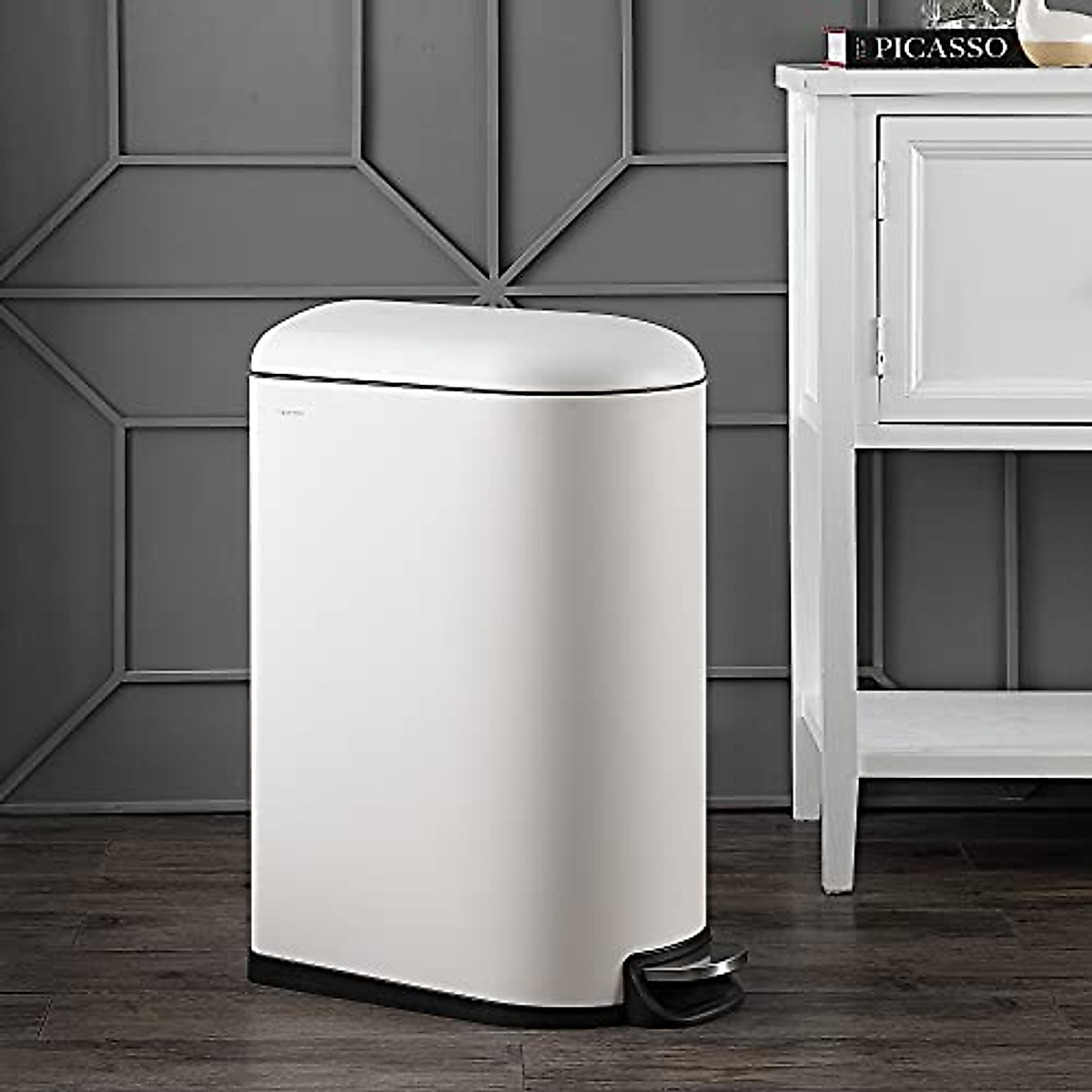 happimess HPM1009C Roland Mini 2.6-Gallon Step-Open Trash Can, Modern, Minimalistic, Fingerprint-Proof, Rustproof, Soft Close, Bedroom, Bathroom, Kitchen, Laundry Room, Office, 2.64 Gallons, White