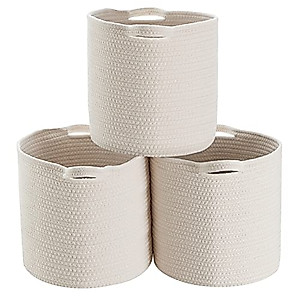 Ornavo Home 3 Pack Woven Cotton Rope Storage Shelf Basket with Handles, Closet Shelf Storage Fits 12" inch Cube - 11x11x11 - Cream
