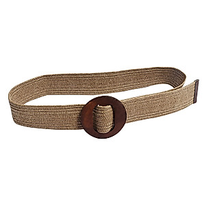 Women's Summer Straw Wide Waistband Wood Buckle Elastic Casual Adjustable Belt (Beige)