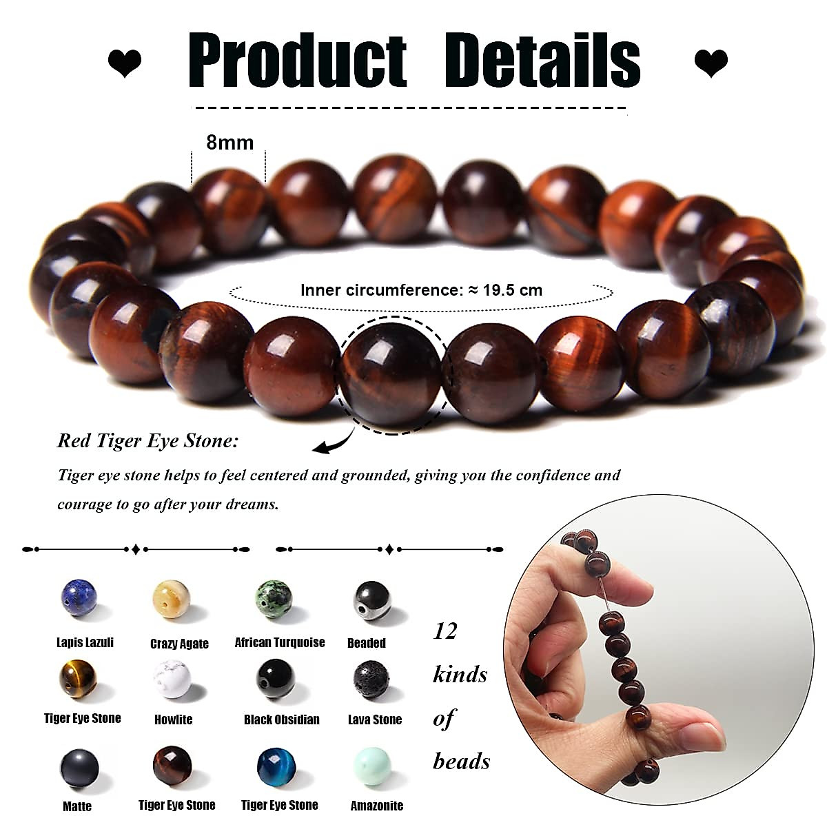 Svovin 12 Pcs 8mm Gemstones Beaded Bracelets for Men Women Semi-Precious Stone Stretch Round Bead Crystal Bracelets Unisex